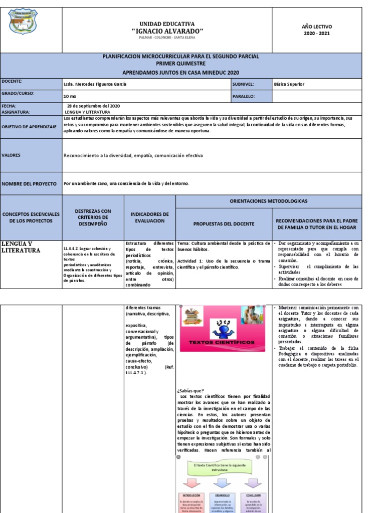 PLANIFICACION MICROCURRICULAR LENGUA 28 de Septiembre Decimo | PDF | Plan de estudios | Evaluación