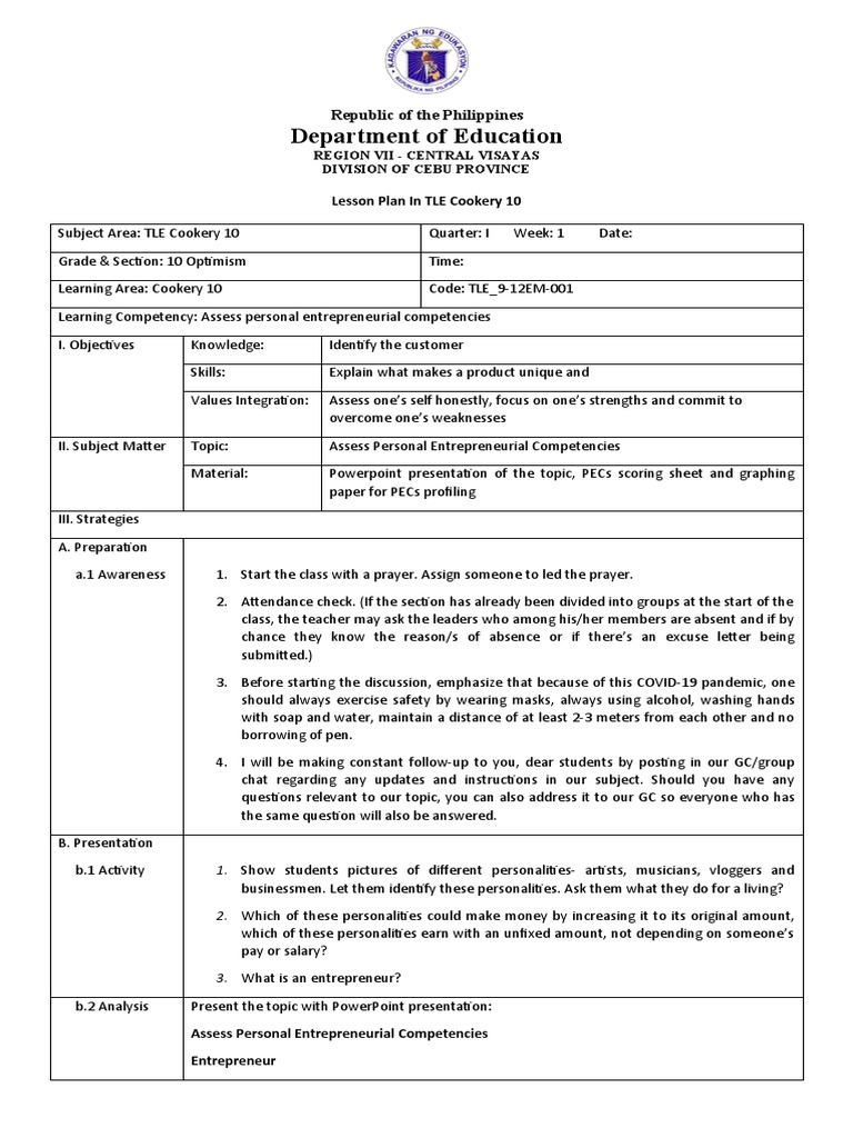 Cookery 10 DLP Q1 Final 1 | PDF | Lesson Plan | Risk
