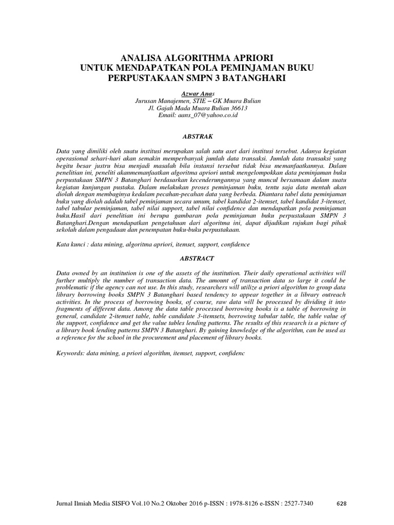 Analisa Algorithma Apriori Untuk Mendapatkan Pola Peminjaman Buku Perpustakaan SMPN 3 Batanghari ...