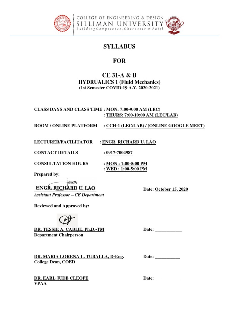 OBE FLEXI-SYLLABUS - CE31fluid Mechanics-2020 | PDF | Engineering | Fluid Dynamics