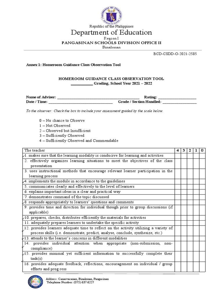 HG Annex 1 Homeroom Guidance Class Obsevation Tool | PDF | Learning ...