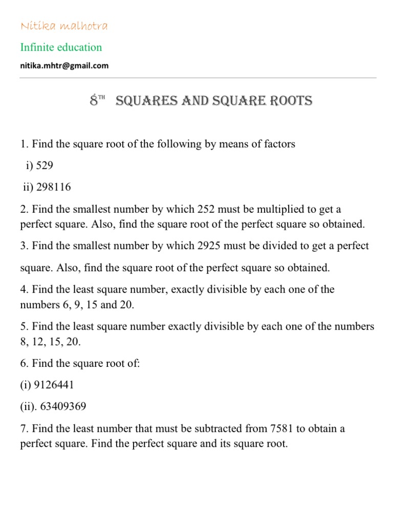 Squares and Square Roots (Class 8) | PDF