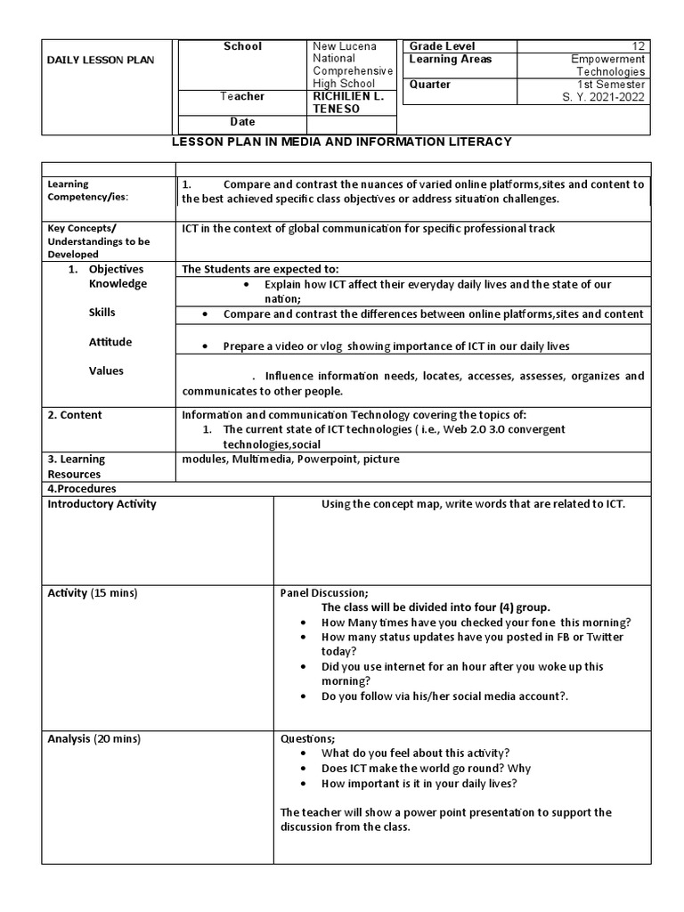 Etech LP 1 | Download Free PDF | Educational Technology | Lesson Plan
