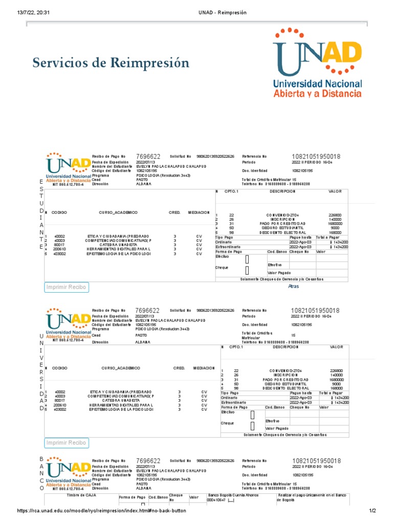 UNAD - Reimpresión Recibo de Pago | PDF | Bancario | Servicios financieros