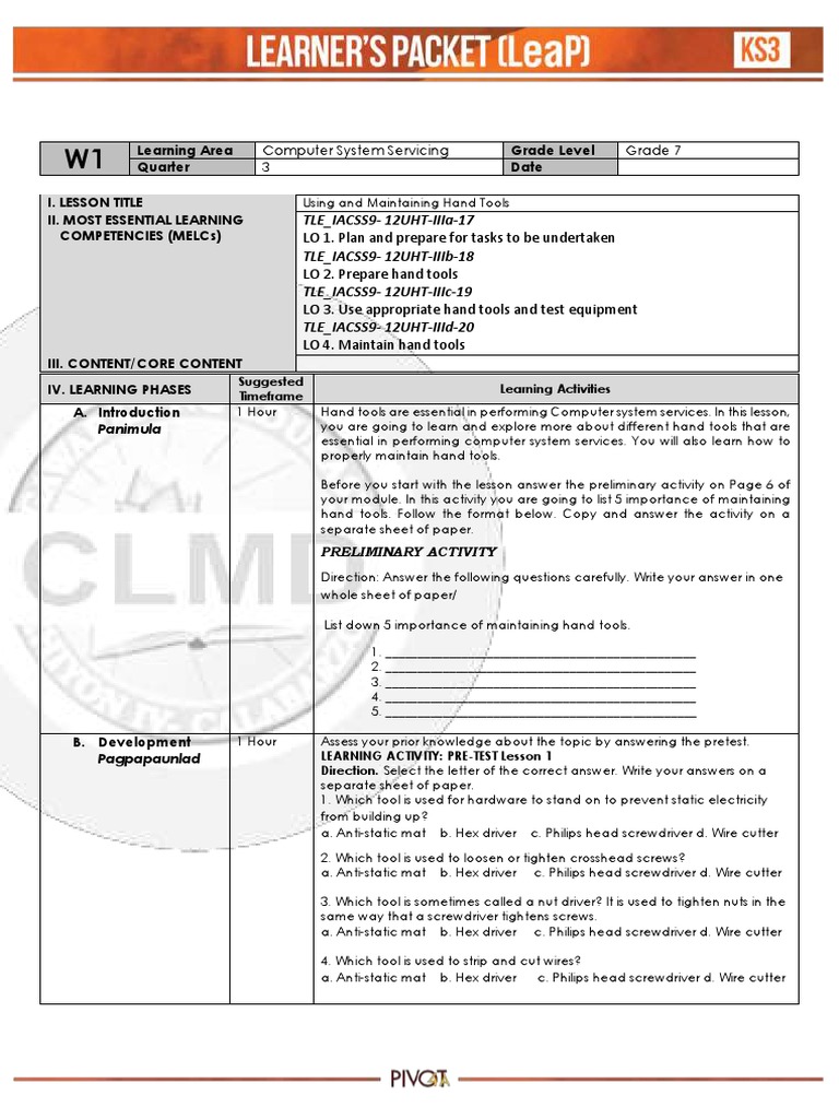 TLE-ICT-CY7-W1 | PDF | Learning | Screw