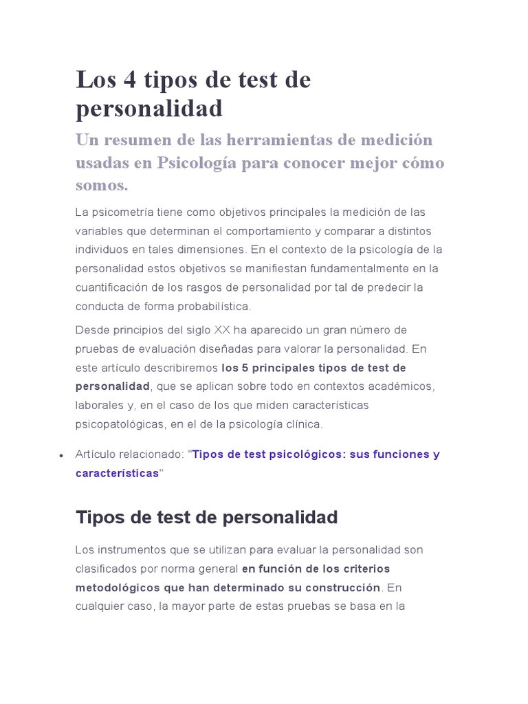 4 Tipos de Test de Personalidad | PDF | Sicología | Medición