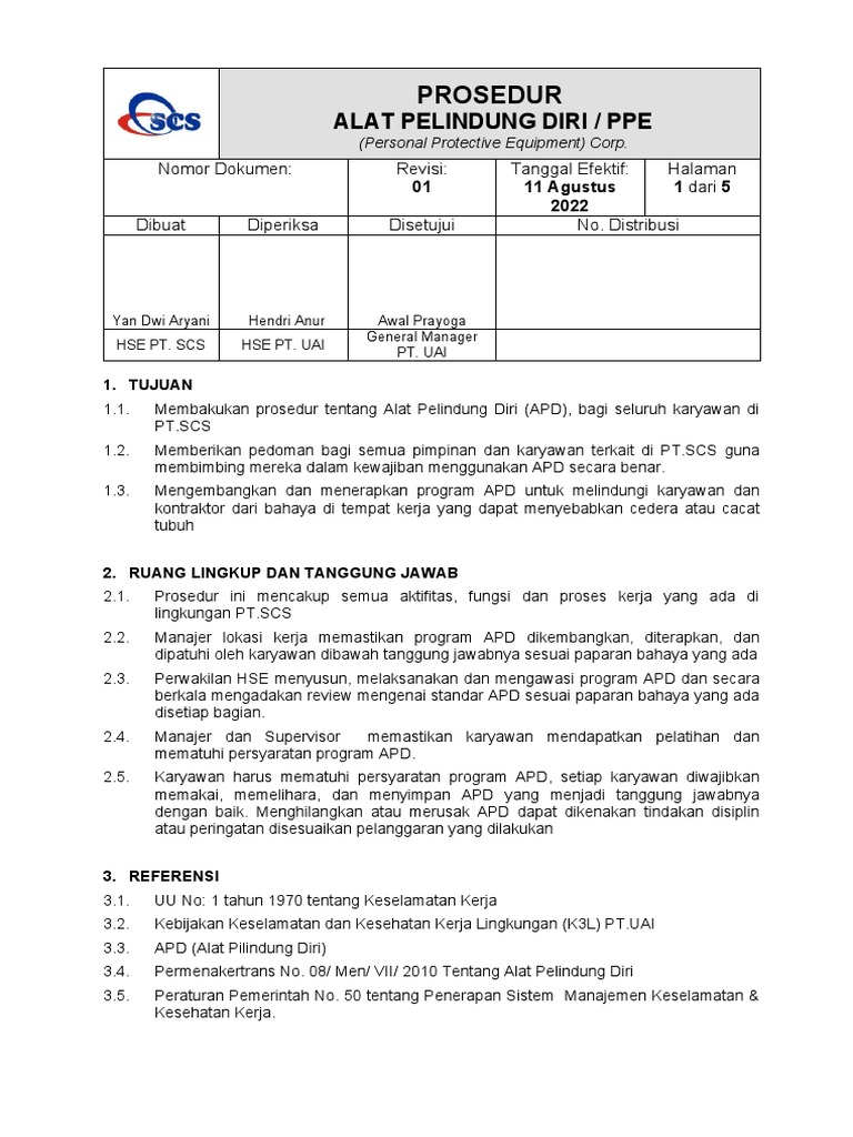 SOP Alat Pelindung Diri - PPE (Personal Protective Equipment) | PDF