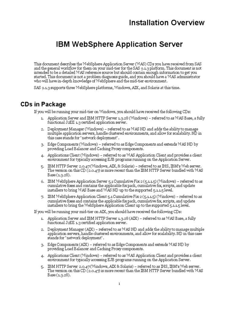 Installation Overview Ibm Websphere Application Server: Cds in Package ...