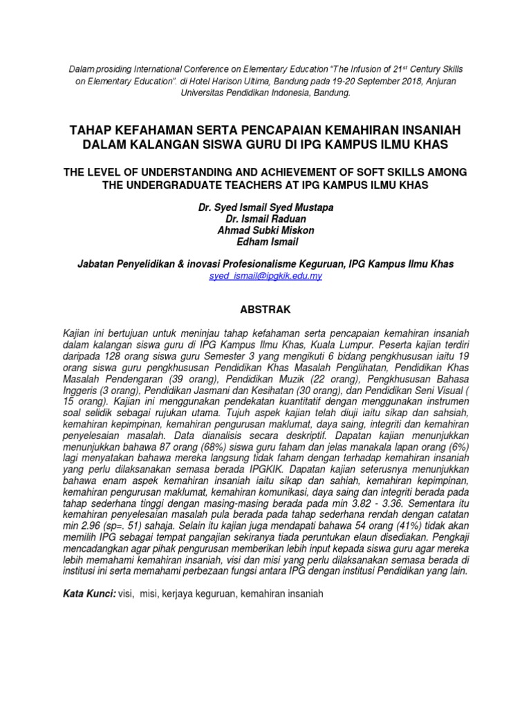 Kefahaman Dan Pencapaian Kemahiran Insaniah Dalam Kalangan Siswa Guru ...
