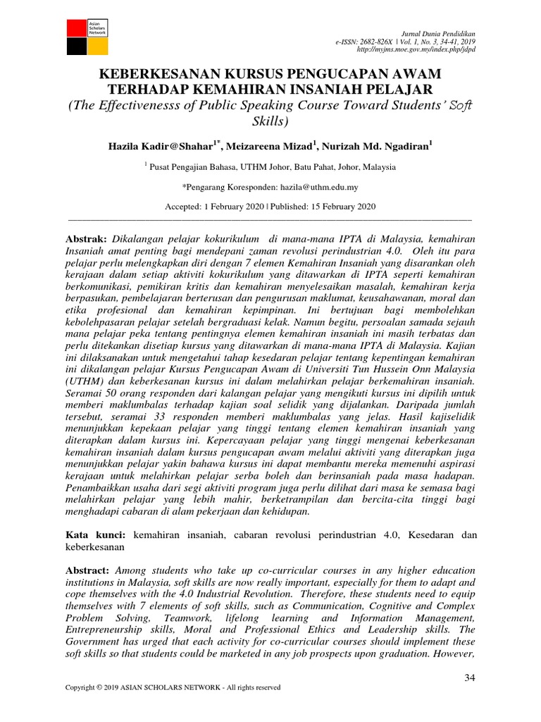 Keberkesanan Kursus Pengucapan Awam Terhadap Kemahiran Insaniah Pelajar ...