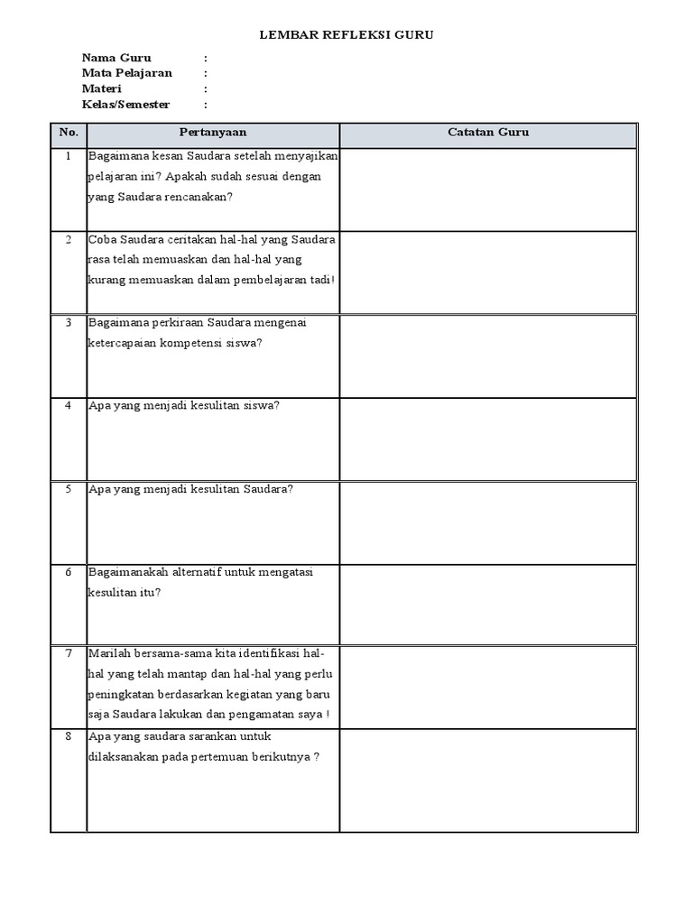 Lembar Refleksi Guru | PDF