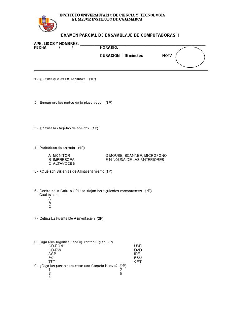 Examen de Ensamblaje de Computadoras I | PDF | Hardware de la ...