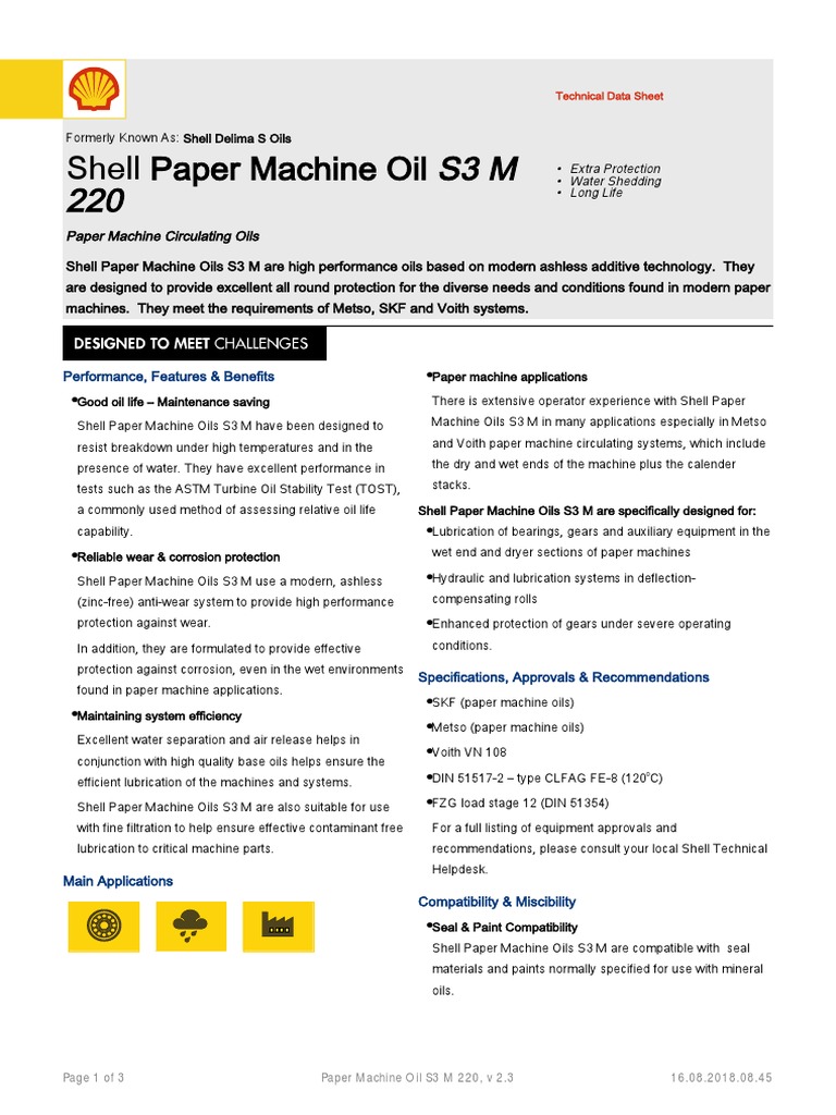 Shell Paper Machine Oil S3 M 220 | PDF | Lubricant | Motor Oil