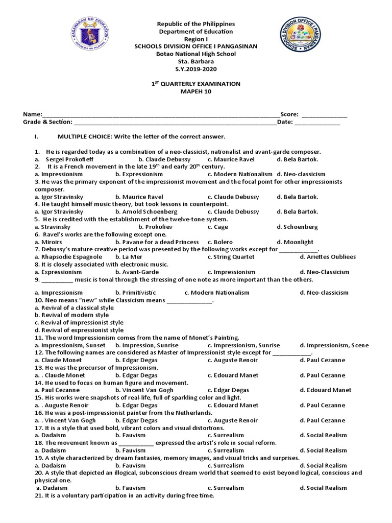1st Quarter Exam in Mapeh 10 | PDF | Impressionism | Edgar Degas