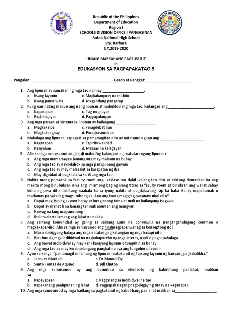 Esp 9 1st Quarter Exam | PDF