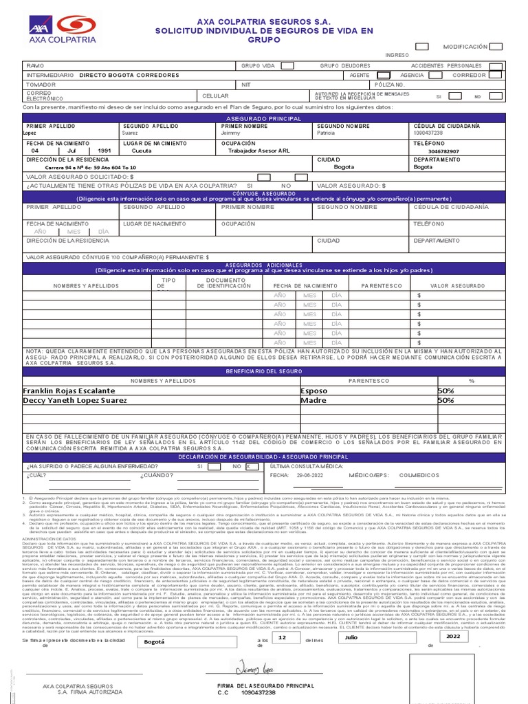 Solicitud de seguros de vida grupal e individual para empleado y familia | PDF | Póliza de ...