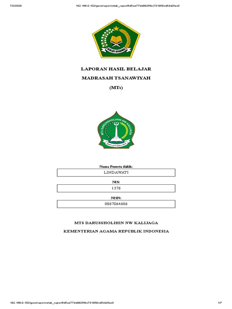 Rapor Belajar Lindawati MTs 2020 | PDF