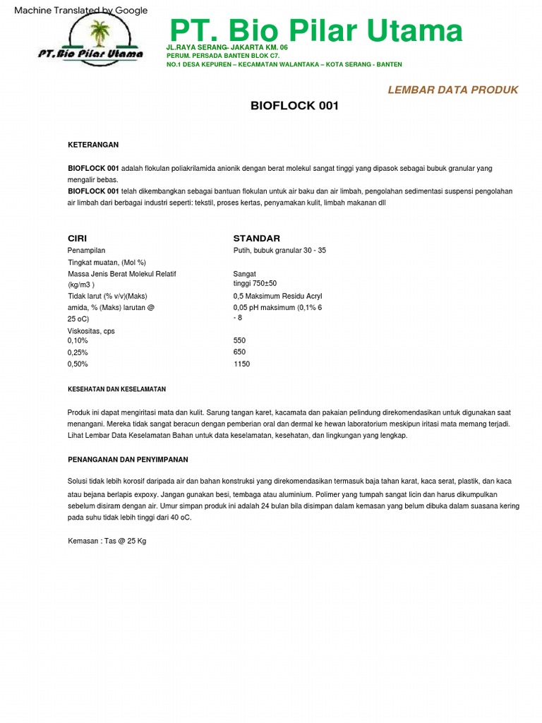 Bioflock 001 (Polymer Anionic) - MSDS | PDF | Sains & Matematika