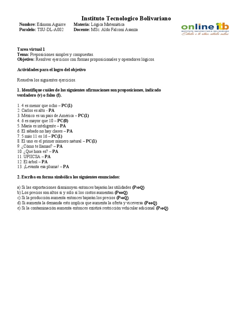 Tarea #1 de Logica Matematica | PDF | Lógica | Proposición