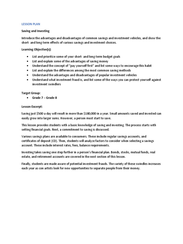 Saving and Investing Lesson Plan | PDF | Stocks | Bonds (Finance)