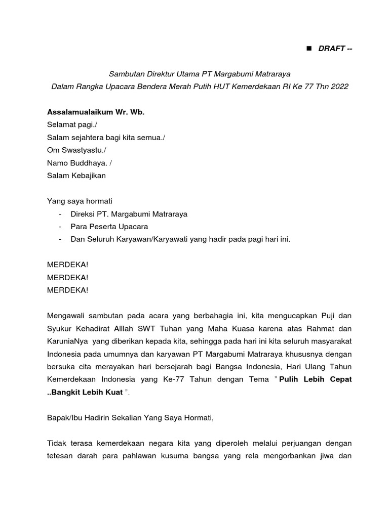 Draft Pidato Dirut Upacara 17 Agustus 2022 PDF | PDF