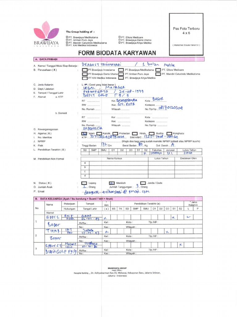 Form Biodata Brawijaya Healthcare | PDF