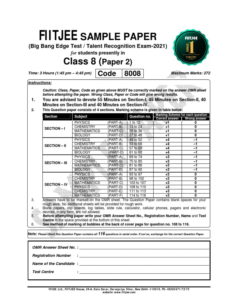Bbe+Tre 2021 C Viii p2 S&M Sample Paper | PDF | Force | Oxide