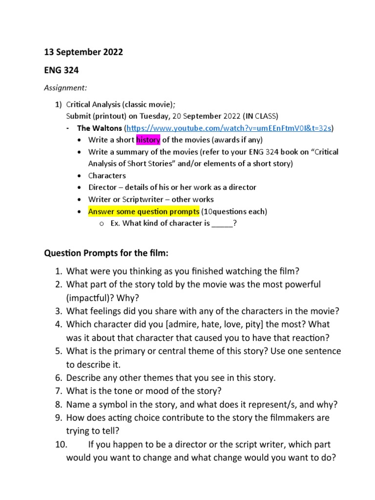 ENG 324 Film Analysis - 13 SEP 2022 | PDF | Games & Activities ...