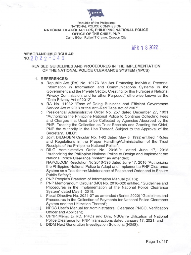 PNP MC No 2022-049 - Revised Guidelines and Procedures in The Implementation of The National ...