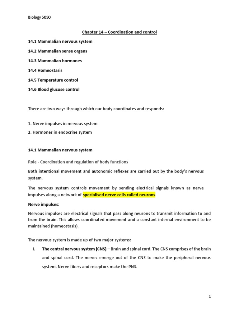 Chapter 14 - Coordination and Response Note | PDF | Nervous System ...