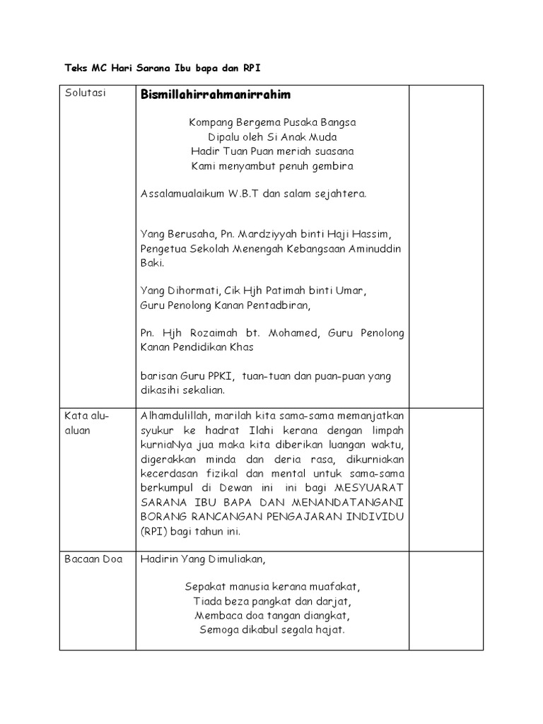 Teks MC Hari Sarana Ibu Bapa Dan RPI | PDF