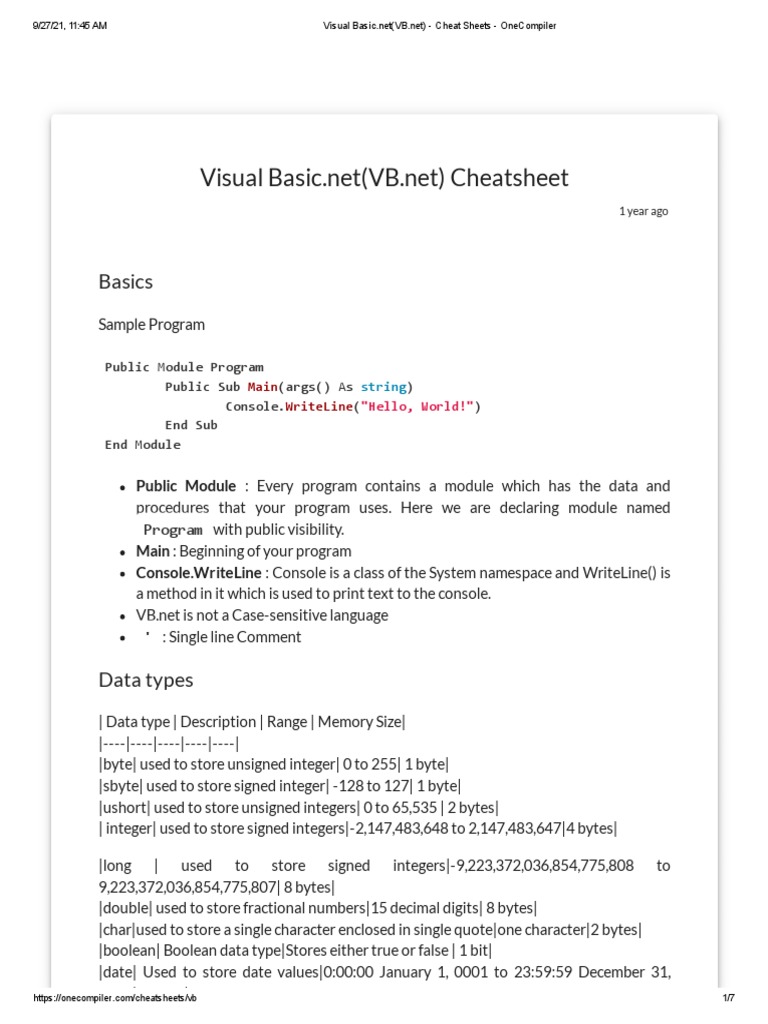 Visual Basic - Net (VB - Net) - Cheat Sheets - OneCompiler | PDF | Data Type | Visual Basic .Net