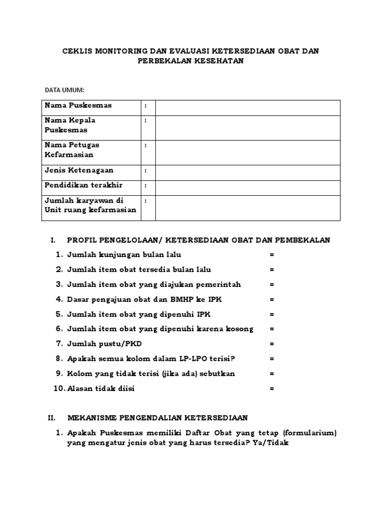 3.10.1.2 Ceklis Monitoring Dan Evaluasi Ketersediaan Obat Dan Perbekalan Kesehatan | PDF