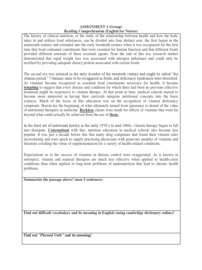 ASSIGNMENT Reading Comprehension | PDF | Vitamin | Foods
