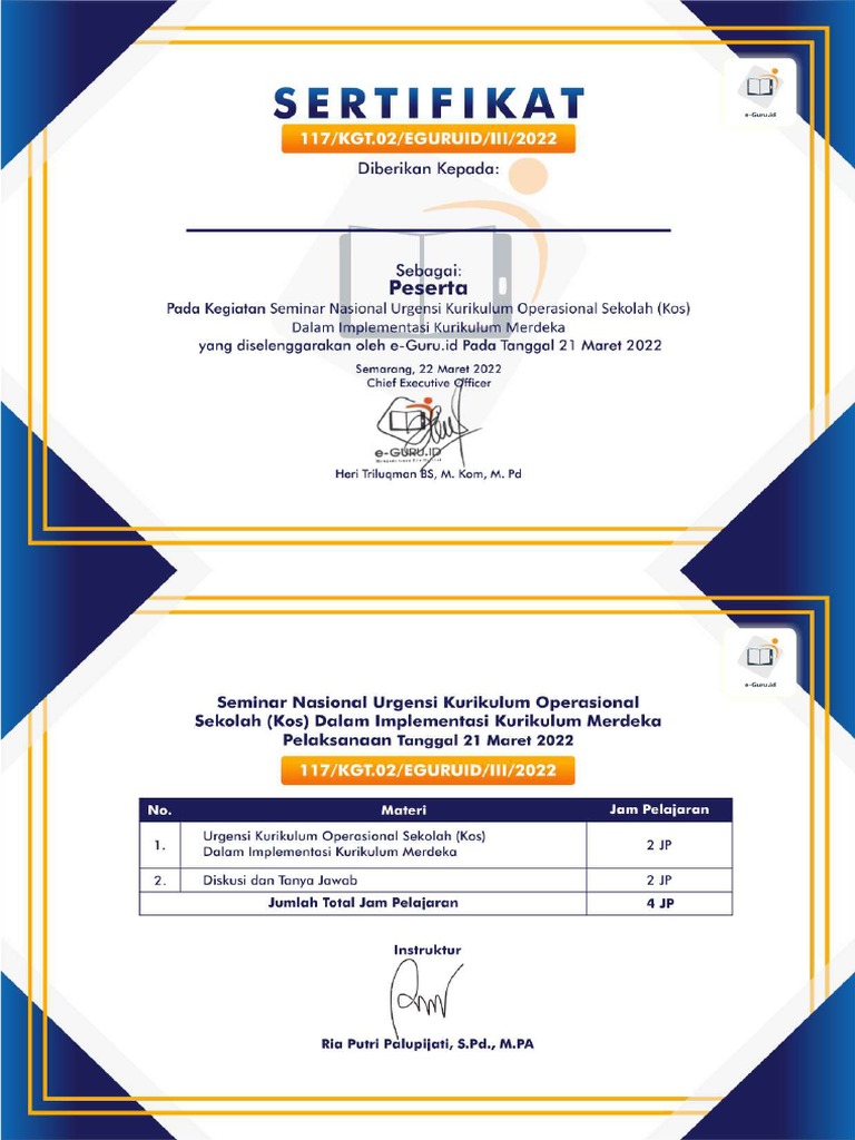 Sertifikat SEMINAR NASIONAL URGENSI KURIKULUM OPERASIONAL SEKOLAH (KOS) DALAM IMPLEMENTASI ...