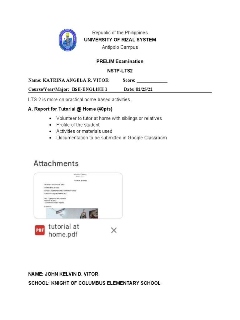 Preliminary Exam Report for NSTP-LTS2 | PDF