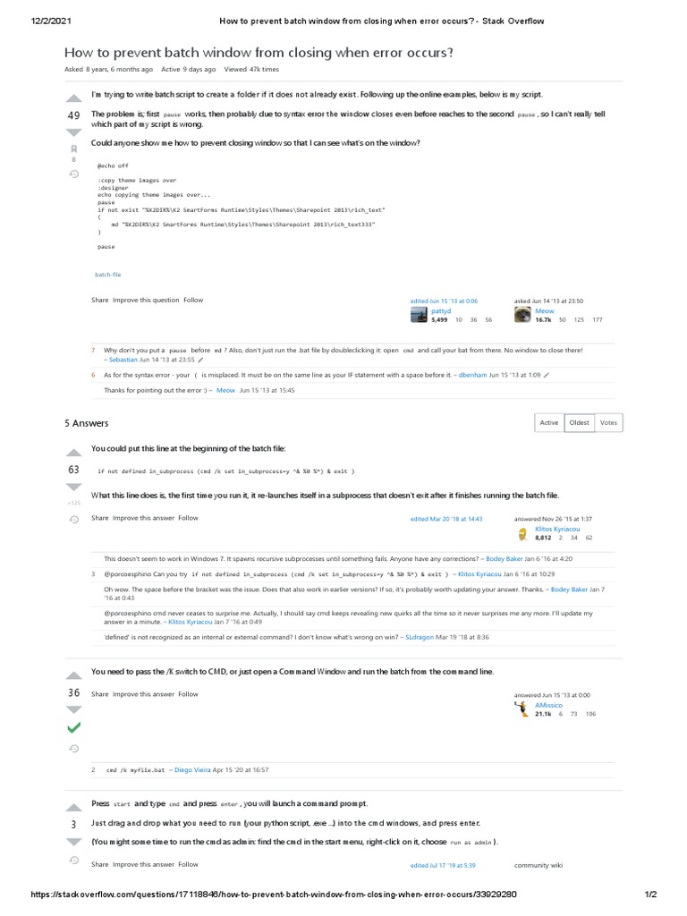 How To Prevent Batch Window From Closing When Error Occurs Stack Overflow Pdf Microsoft