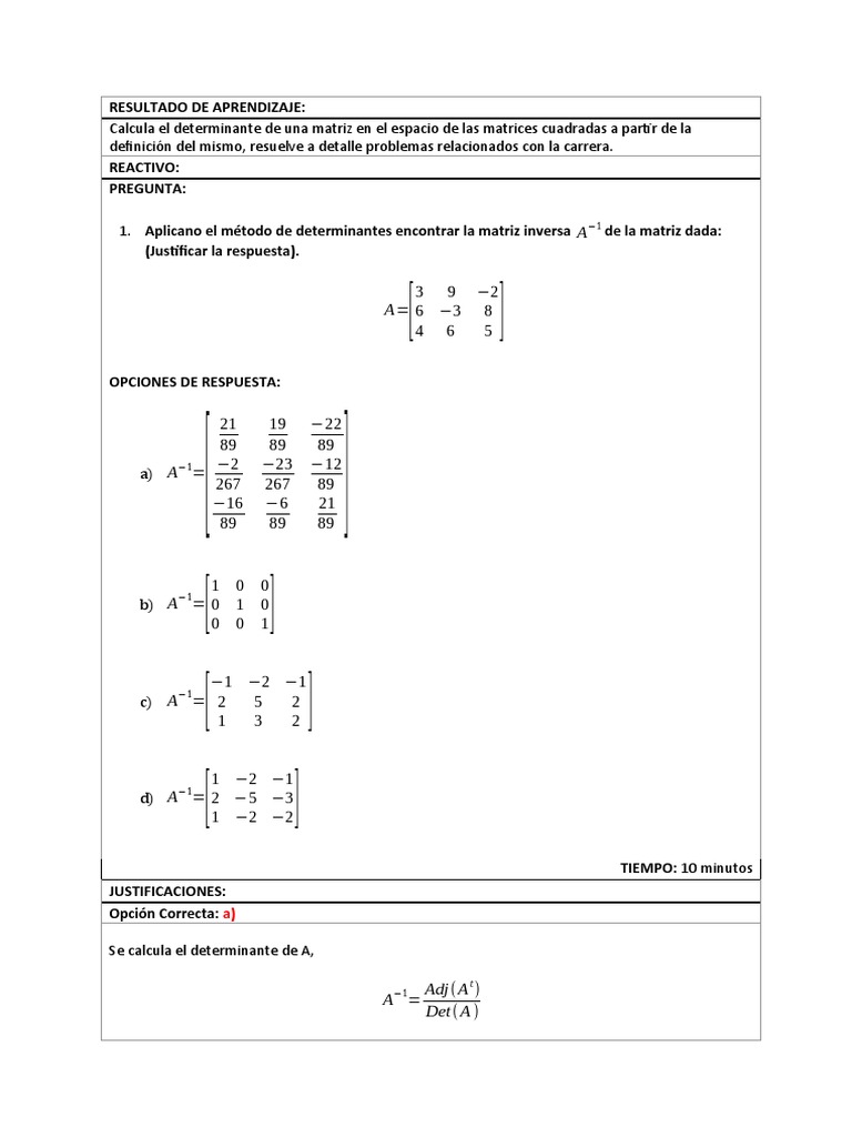 Ejemplo Matriz Inversa Pdf Determinante Matriz Matemáticas