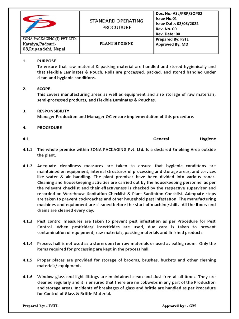 Plant Hygiene SOP for Sona Packaging | PDF | Hygiene | Toilet