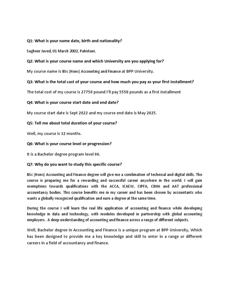 BPP University - INTERVIEW - BSC ACC fINANCE - BPP UNI (003) ... SAEED | PDF | Accounting ...