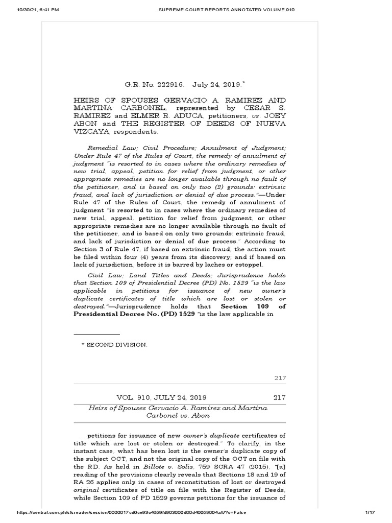 Heirs of Spouses Gervacio A. Ramirez and Martina Carbonel vs. Abon, 910 ...