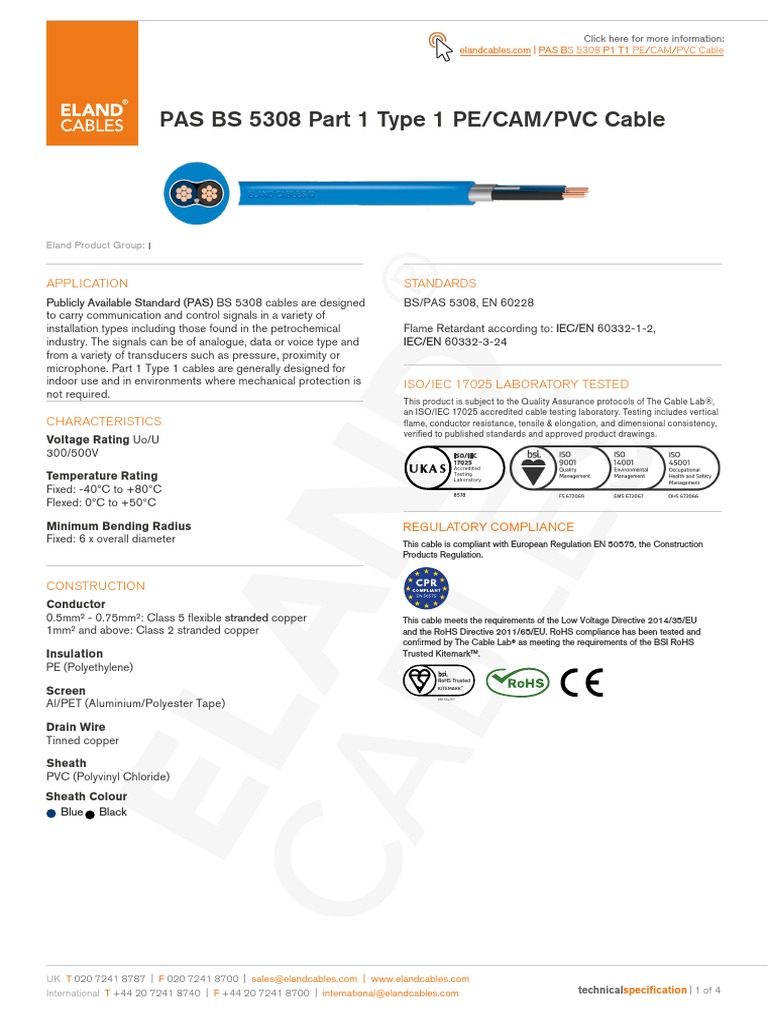 Pas Bs 5308 Part 1 Type 1 Pe Cam PVC Instrumentation Cable | PDF ...