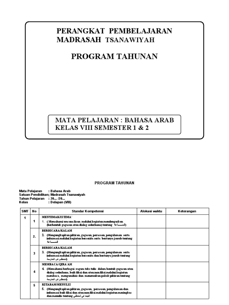 Program Tahunan Bahasa Arab Kelas VIII | PDF