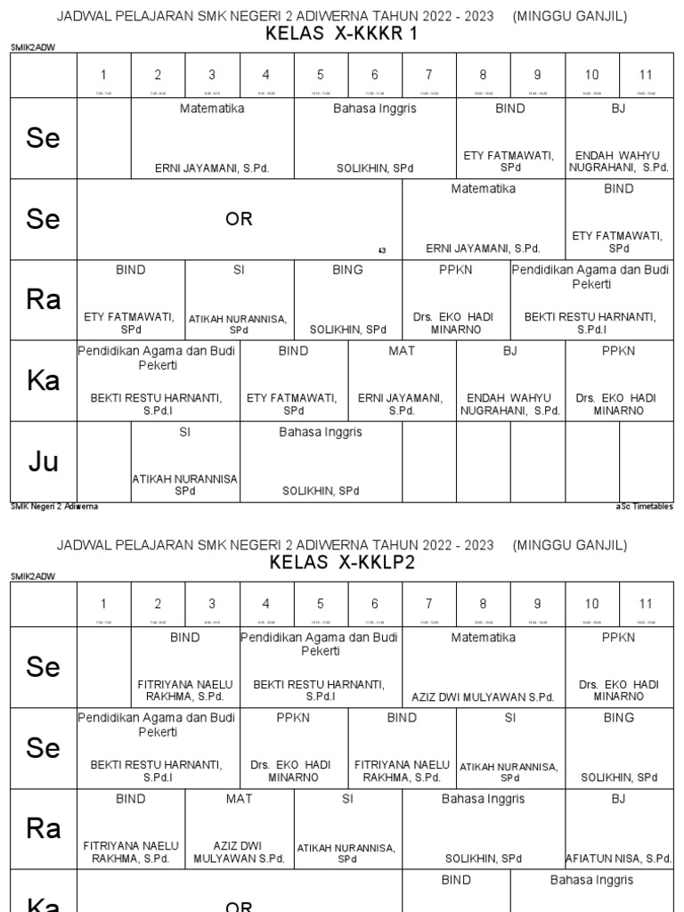 Jadwal Pelajaran SMKN 2 Adiwerna 2022-2023 Minggu Ganjil-Halaman-1-47 | PDF