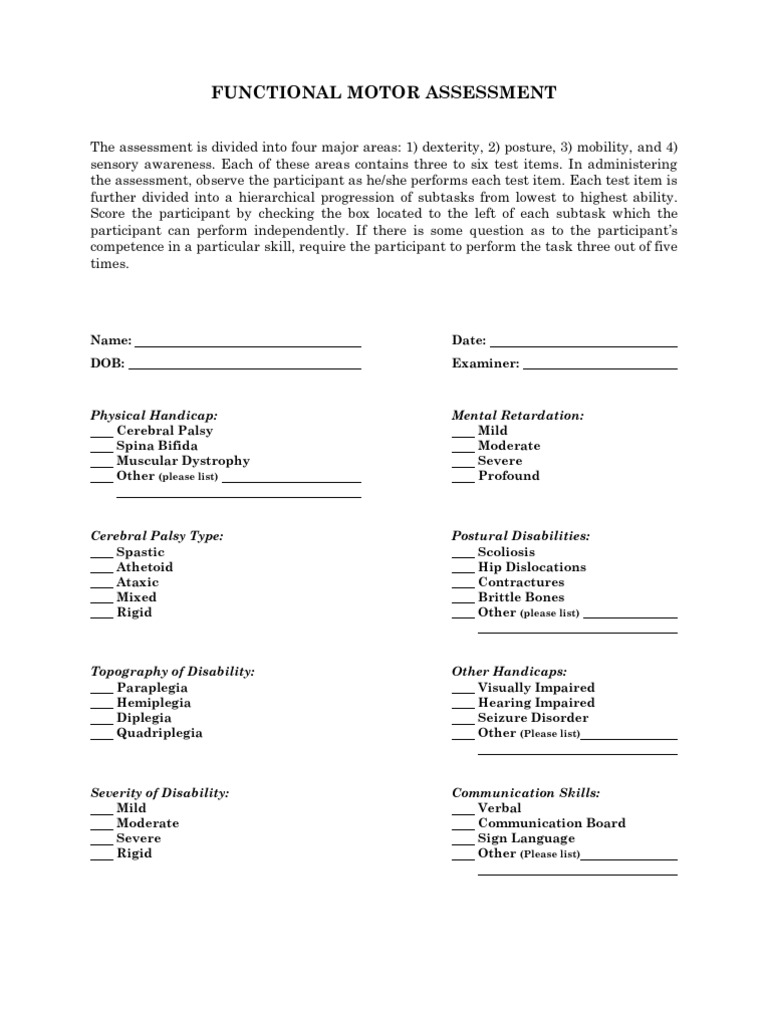 Functional Motor Assessment | PDF | Cerebral Palsy | Wheelchair