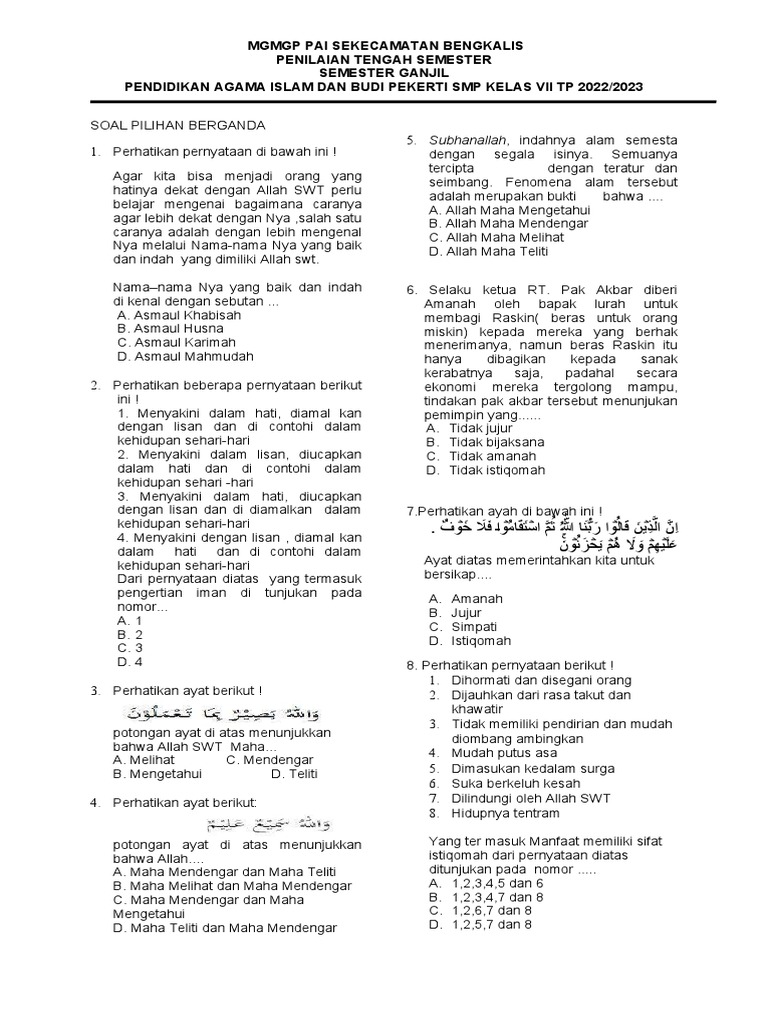 Soal PTS Ganjil Pai Kelas 7 2022 | PDF