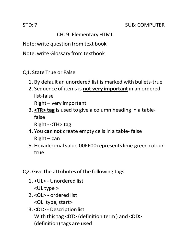 Std7 Comp Ch9 Que Ans | PDF | Html Element | Html