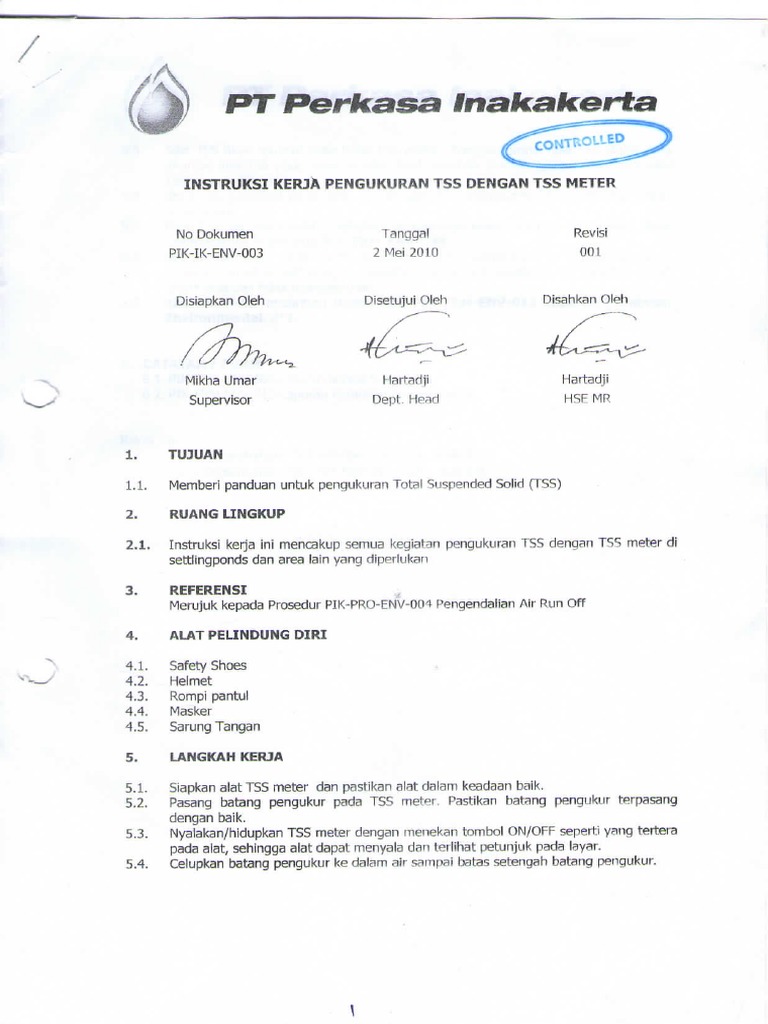 Instruksi Kerja Pengukuran TSS Dengan TSS Meter | PDF