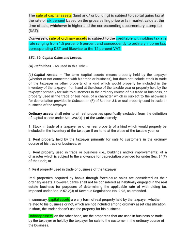 Definitions of Capital Assets and Ordinary Assets | PDF | Capital Gains ...