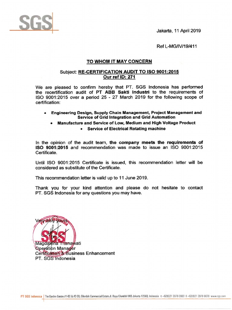 1.5 Recommendation Letter ISO 9001-2015 | PDF